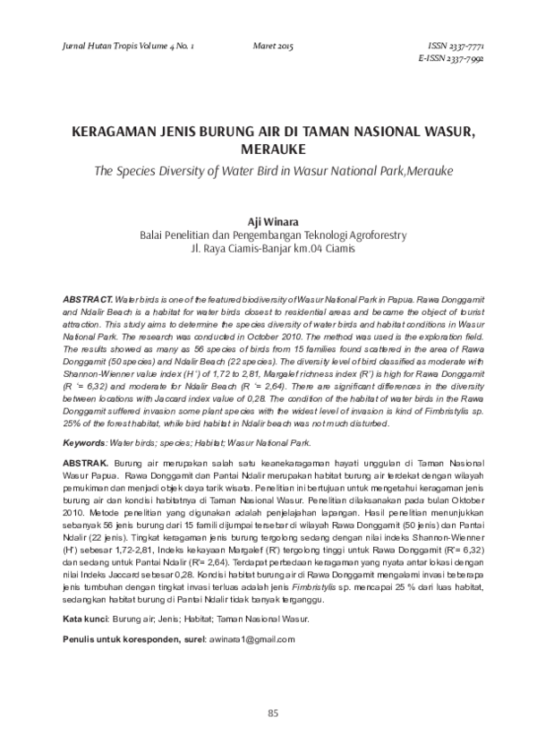 (PDF) Keragaman Jenis Burung Air DI Taman Nasional Wasur, Merauke