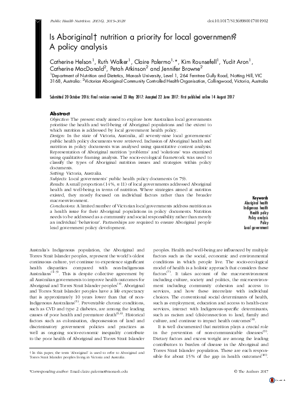 (PDF) Is Aboriginal nutrition a priority for local government? A policy ...