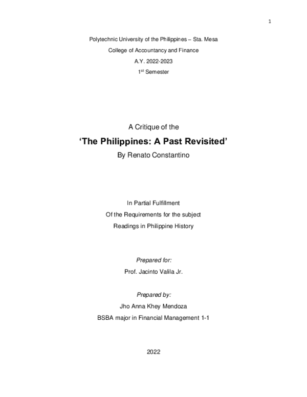 (PDF) A Critique Paper: The Philippines: A Past Revisited by Renato ...