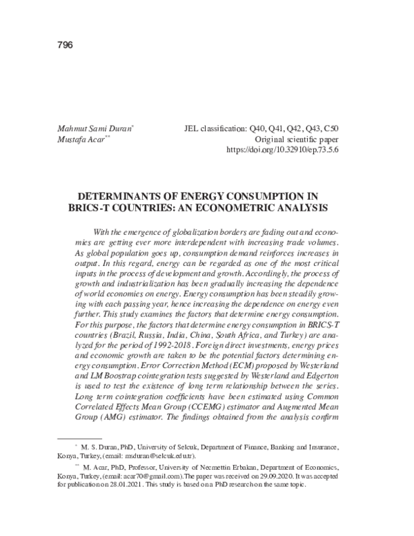 Pdf Determinants Of Energy Consumption In Brics T Countries An Econometric Analysis