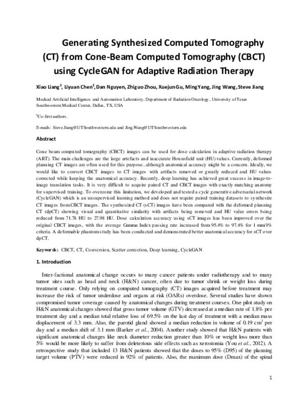 Pdf Generating Synthesized Computed Tomography Ct From Cone Beam Computed Tomography Cbct