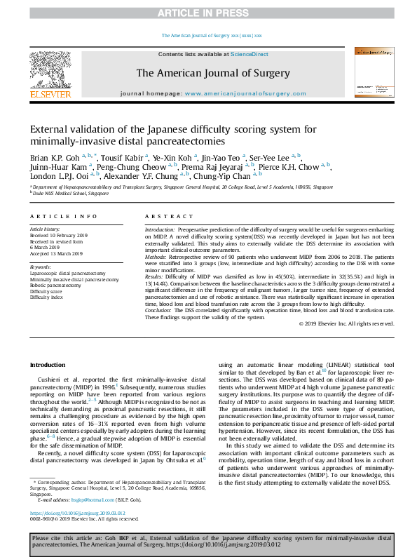 (PDF) External validation of the Japanese difficulty scoring system for minimally-invasive ...
