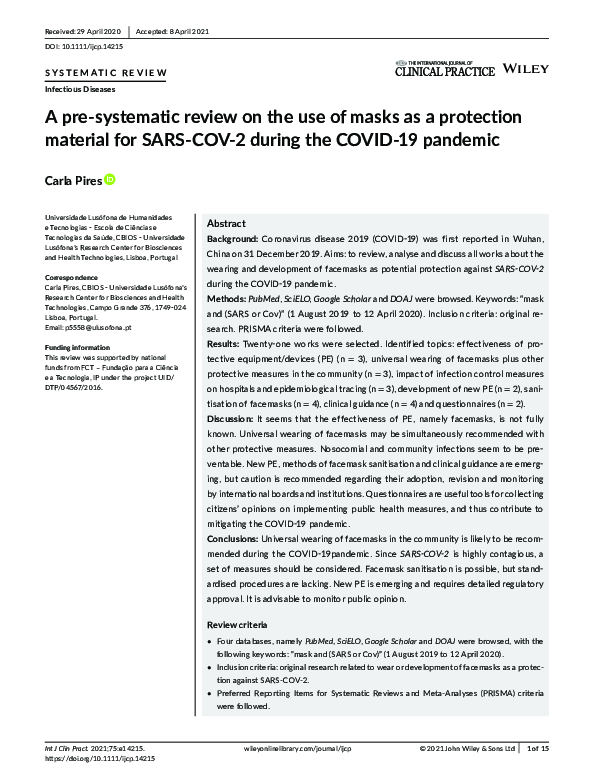 (PDF) A pre‐systematic review on the use of masks as a protection ...