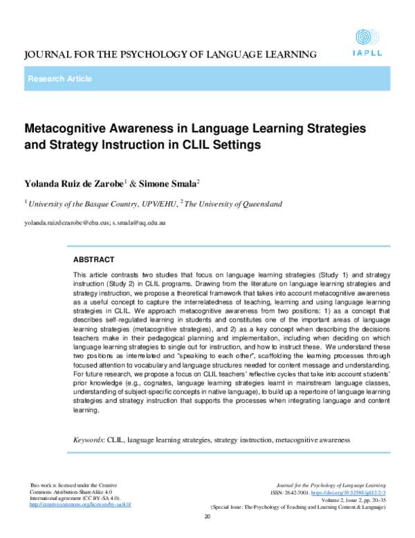 (PDF) Metacognitive Awareness in Language Learning Strategies and ...