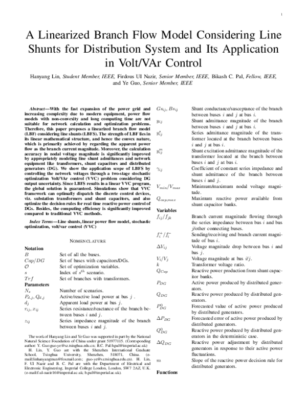 (PDF) A Linearized Branch Flow Model Considering Line Shunts for ...