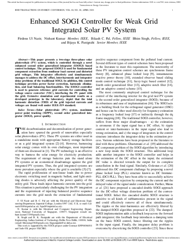 (PDF) Enhanced SOGI Controller for Weak Grid Integrated Solar PV System