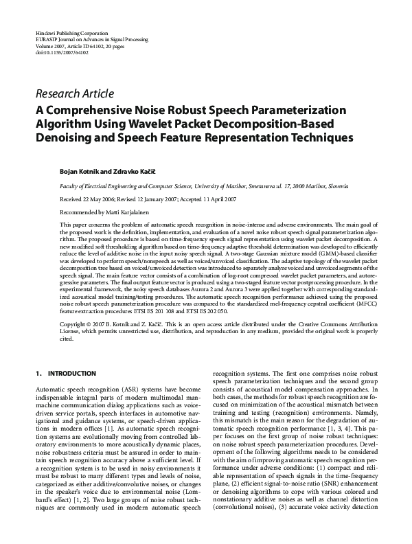 Pdf A Comprehensive Noise Robust Speech Parameterization Algorithm Using Wavelet Packet