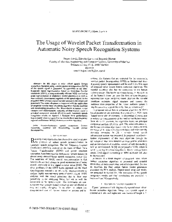 (PDF) The usage of wavelet packet transformation in automatic noisy speech recognition systems