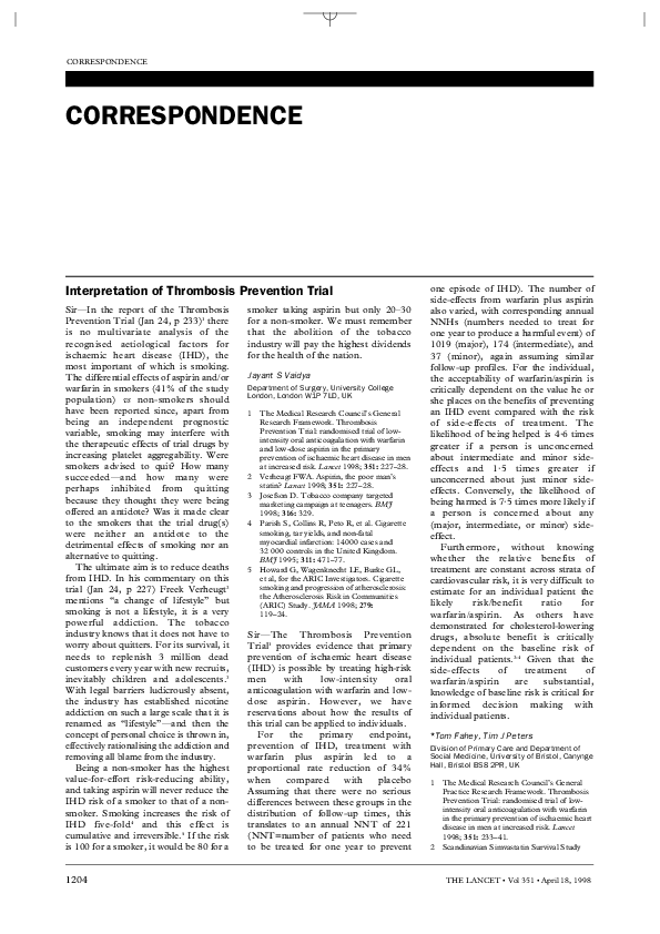 (PDF) Interpretation of Thrombosis Prevention Trial