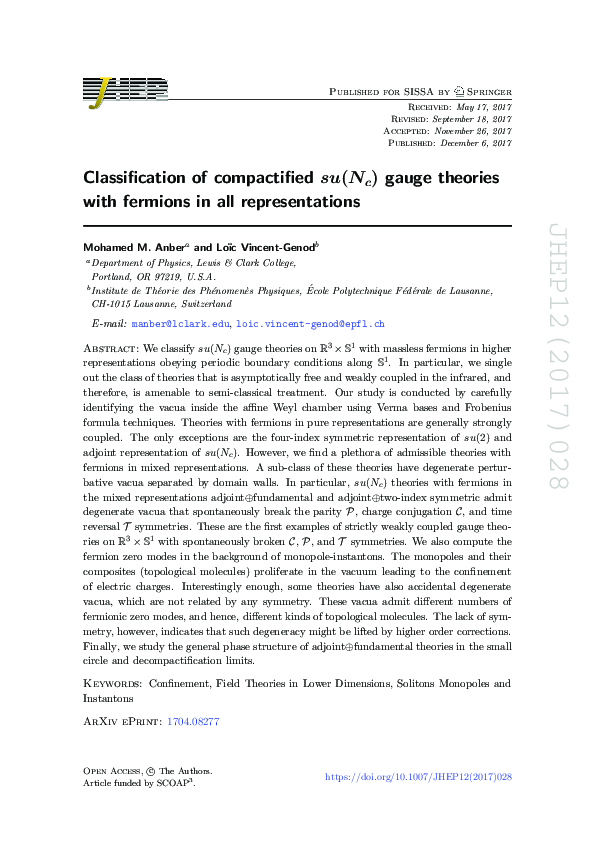 (PDF) Classification of compactified su(Nc) gauge theories with ...