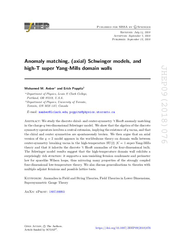 (PDF) Anomaly matching, (axial) Schwinger models, and high-T super Yang ...