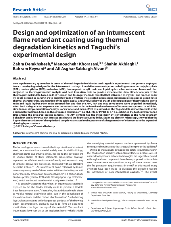 (PDF) Design and optimization of an intumescent flame retardant coating using thermal ...