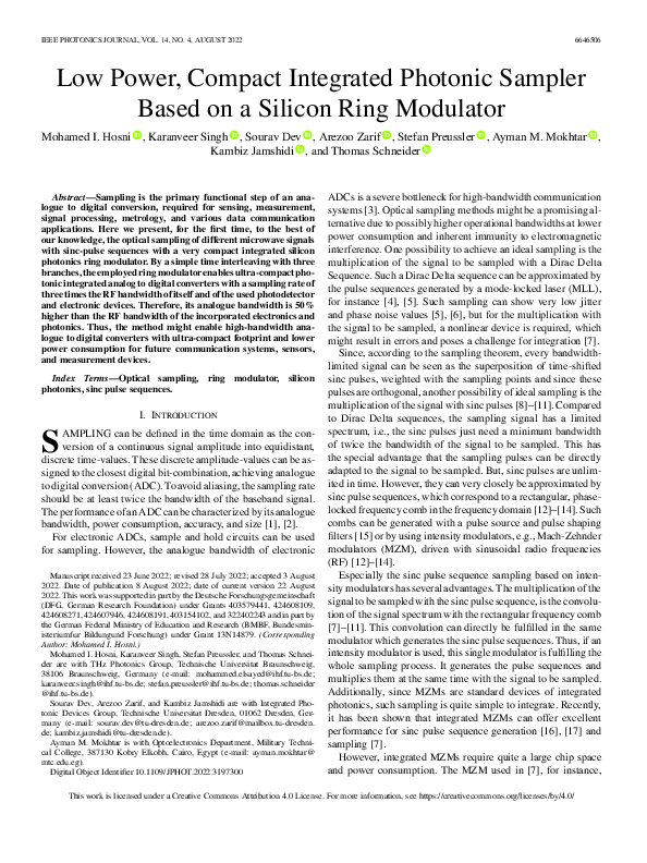 (PDF) Low Power, Compact Integrated Photonic Sampler Based on a Silicon Ring Modulator
