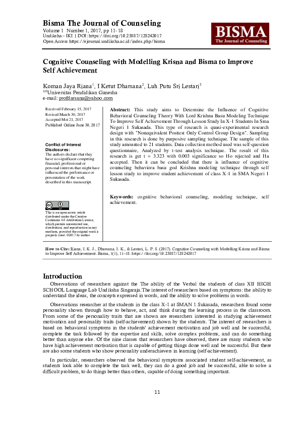 (PDF) Cognitive Counseling with Modelling Krisna and Bisma to Improve Self Achievement