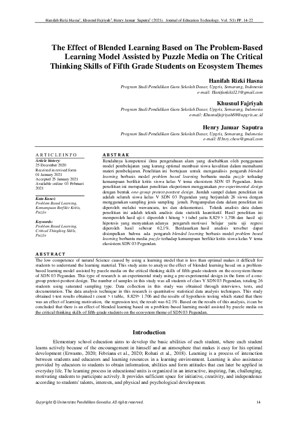 (PDF) The Effect of Blended Learning Based on The Problem-Based ...