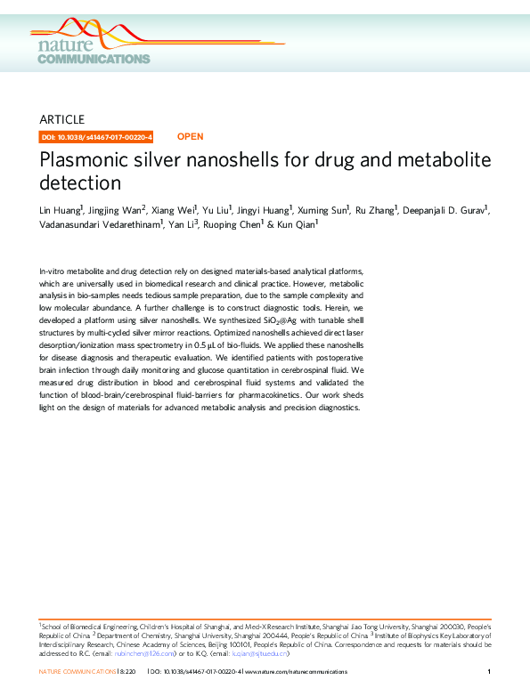 (PDF) Plasmonic silver nanoshells for drug and metabolite detection