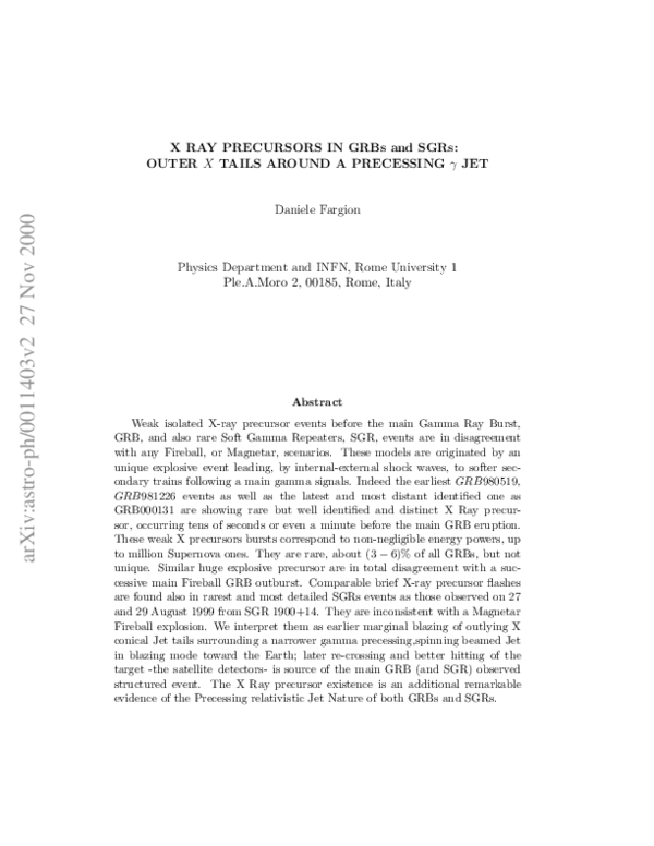 (PDF) X Ray Precursors in GRBs and SGRs: outer X tails around a ...