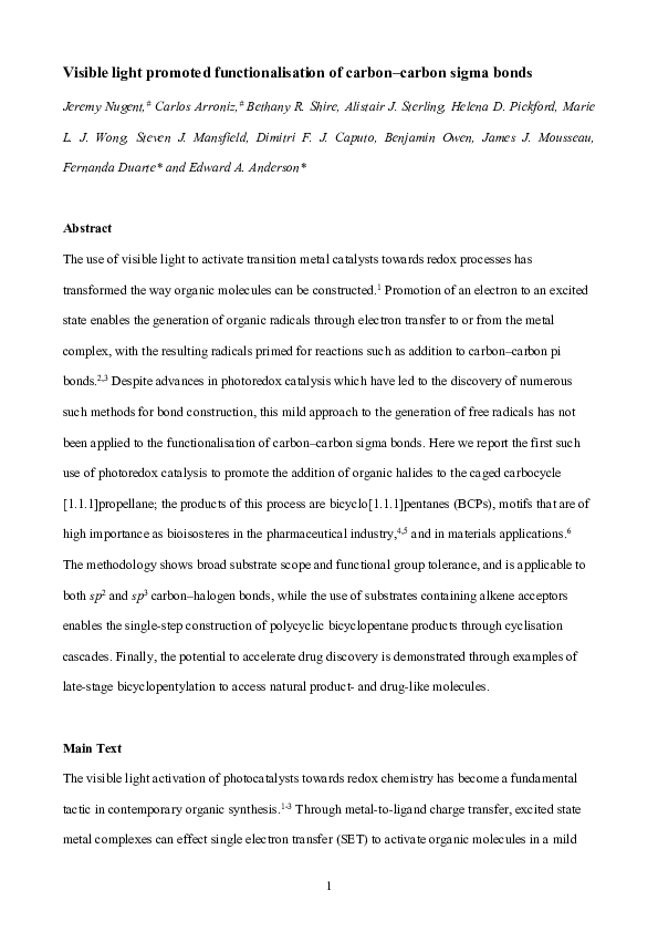 (PDF) Visible Light Promoted Functionalisation of Carbon-Carbon Sigma Bonds