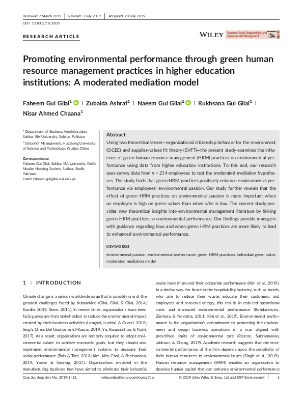 (PDF) Promoting environmental performance through green human resource management practices in ...