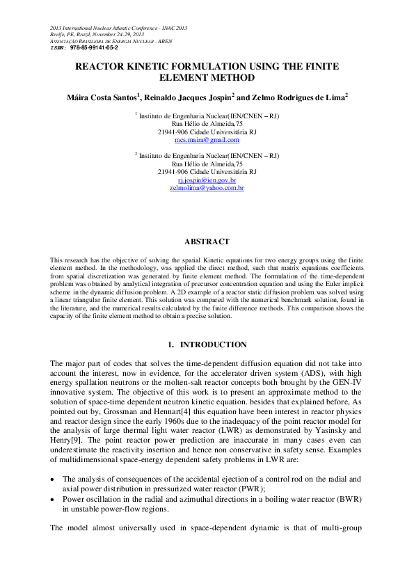 Pdf Reactor Kinetic Formulation Using The Finite Element Method