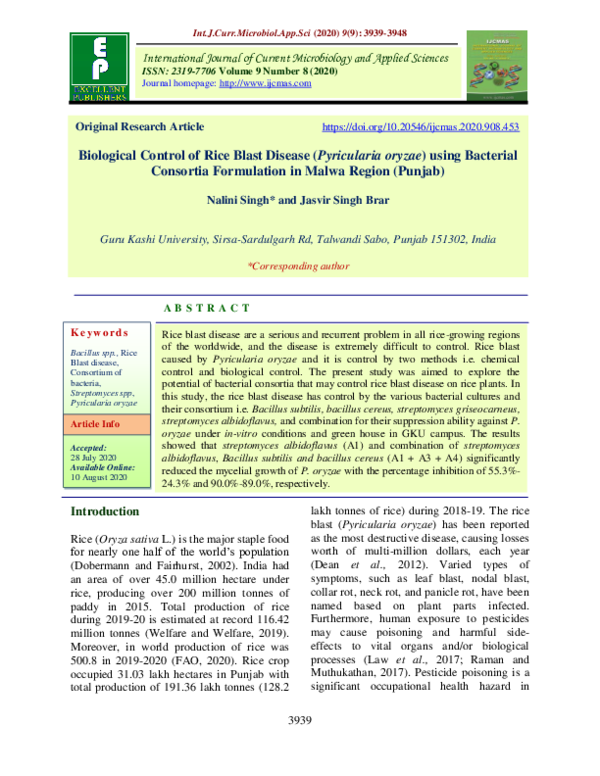 (PDF) Biological Control of Rice Blast Disease (Pyricularia oryzae ...