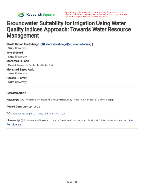 (PDF) Groundwater Suitability for Irrigation Using Water Quality Indices Approach: Towards Water ...