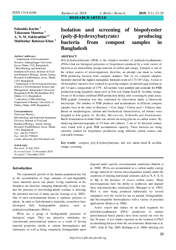 (PDF) Isolation and screening of biopolyester (poly-β-hydroxybutyrate) producing bacteria from ...