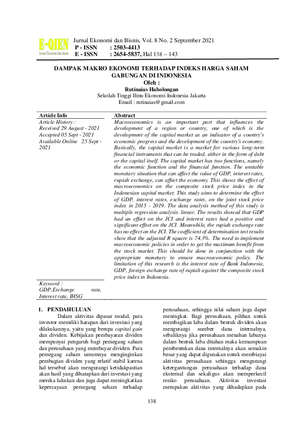 Pdf Dampak Makro Ekonomi Terhadap Indeks Harga Saham Gabungan Di Indonesia Apry Diana 