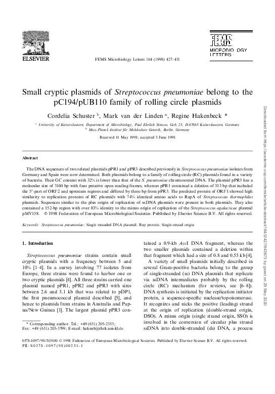 (PDF) Small cryptic plasmids of Streptococcus pneumoniae belong to the pC194/pUB110 family of ...