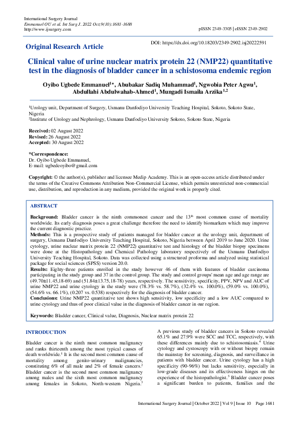 (PDF) Clinical value of urine nuclear matrix protein 22 (NMP22 ...