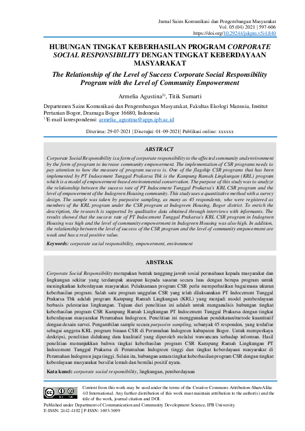 (PDF) Hubungan Tingkat Keberhasilan Program Corporate Social Responsibility Dengan Tingkat ...