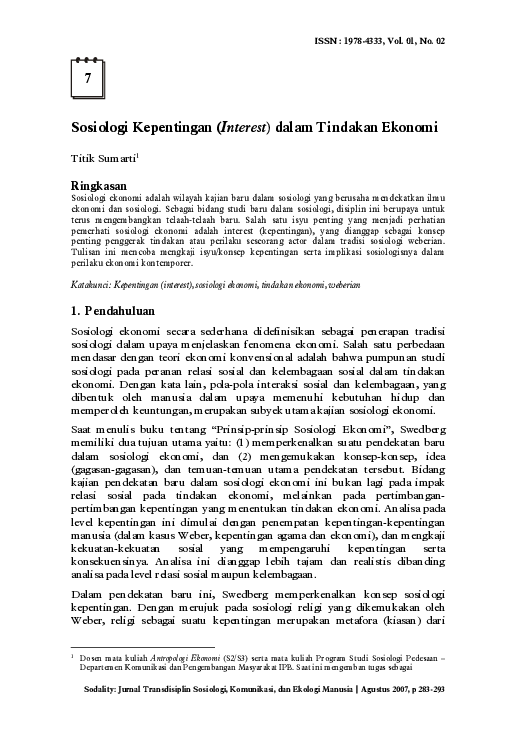 (PDF) Sosiologi Kepentingan (Interest) dalam Tindakan Ekonomi