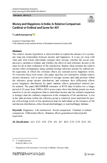 (PDF) Money and Happiness in India: Is Relative Comparison Cardinal or ...