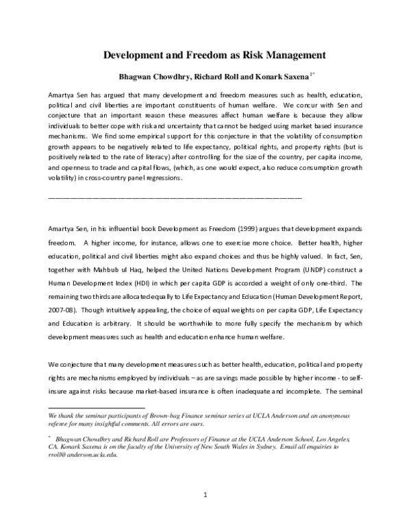 (PDF) Development and freedom as risk management