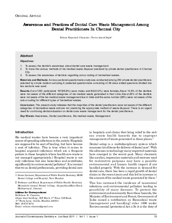 (PDF) Awareness and Practices of Dental Care Waste Management Among ...