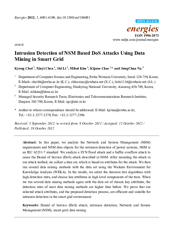 (PDF) Intrusion Detection of NSM Based DoS Attacks Using Data Mining in Smart Grid | Xinyi Chen ...