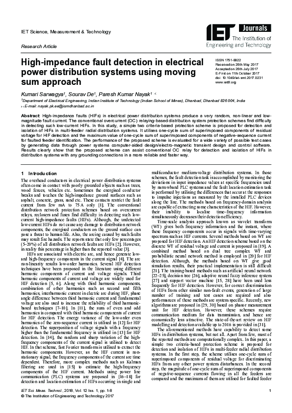 High‐impedance Fault Detection In Electrical Power Distribution Systems