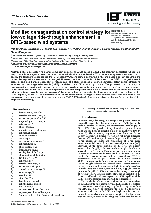 (PDF) Modified demagnetisation control strategy for low‐voltage ride‐through enhancement in DFIG ...