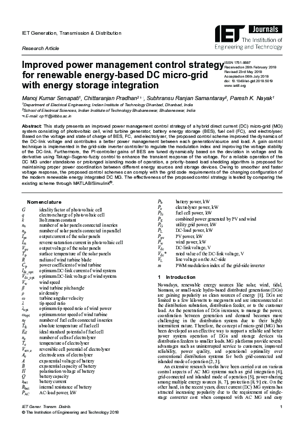 (PDF) Improved power management control strategy for renewable energy‐based DC micro‐grid with ...