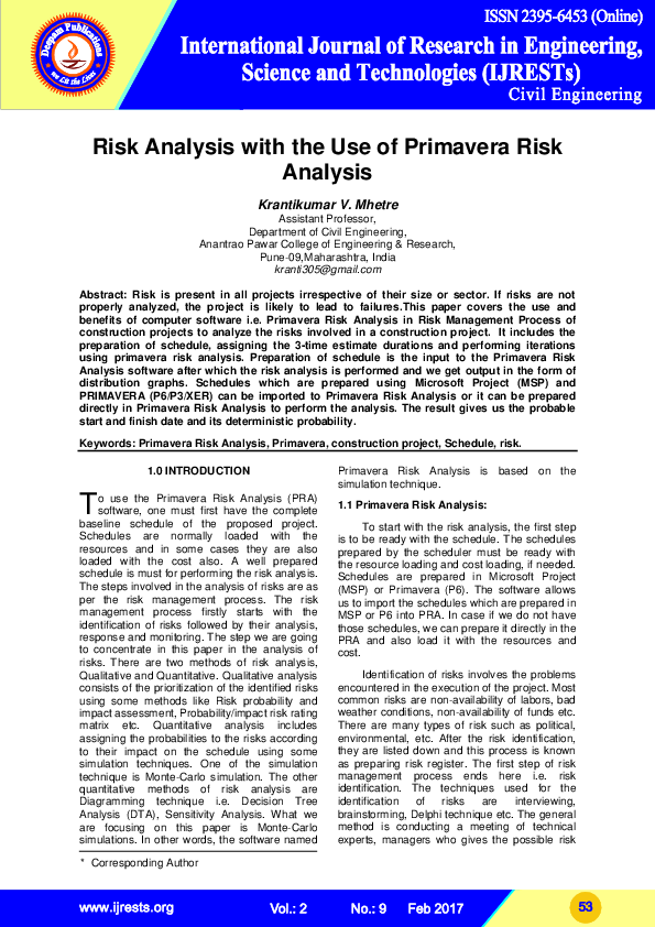 (PDF) Risk Analysis with the Use of Primavera Risk Analysis