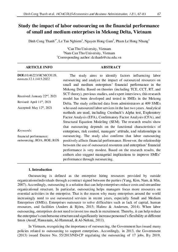 (PDF) Study the impact of labor outsourcing on the financial performance of small and medium ...