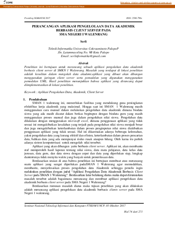 Pdf Perancangan Aplikasi Pengelolaan Data Akademik Berbasis Client Server Pada Sma Negeri I