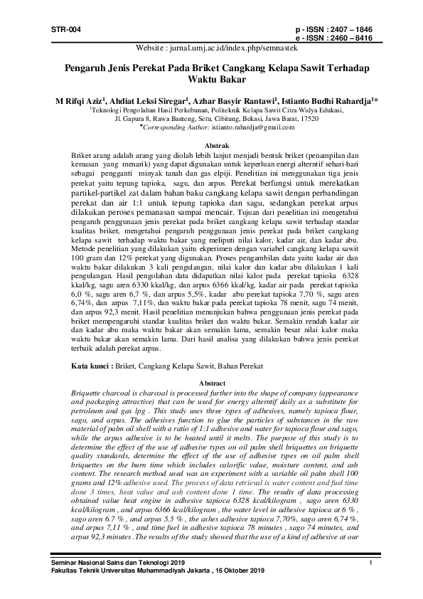 (PDF) Pengaruh Jenis Perekat Pada Briket Cangkang Kelapa Sawit Terhadap Waktu Bakar