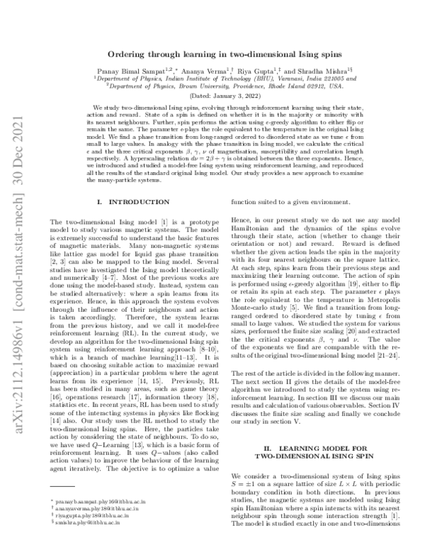 (PDF) Ordering through learning in two-dimensional Ising spins