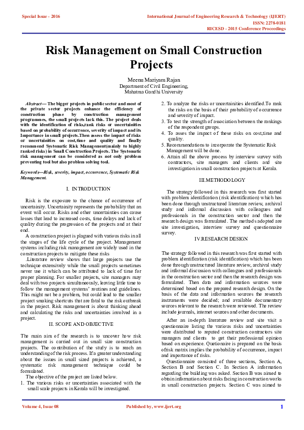 (PDF) Risk Management on Small Construction Projects | MEENU MARIYAM ...