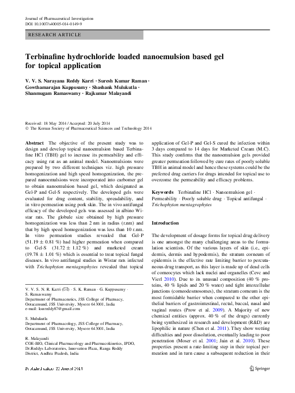 (PDF) Terbinafine hydrochloride loaded nanoemulsion based gel for topical application
