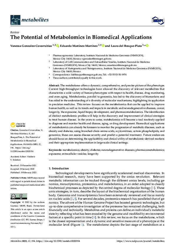 (PDF) The Potential of Metabolomics in Biomedical Applications