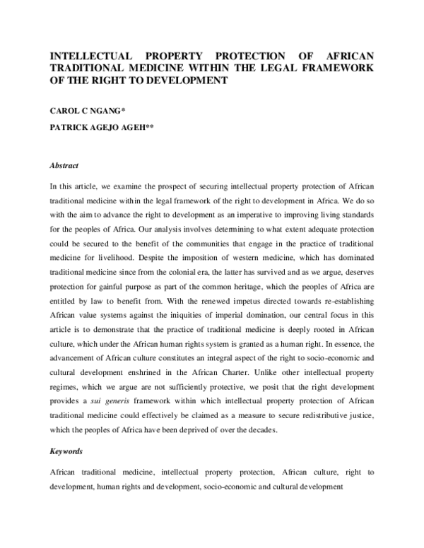 (PDF) Intellectual Property Protection of African Traditional Medicine ...