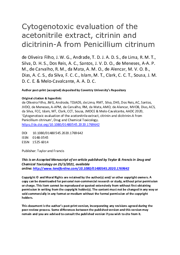 (PDF) Cytogenotoxic evaluation of the acetonitrile extract, citrinin ...
