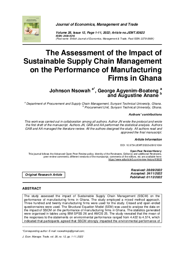 (PDF) The Assessment of the Impact of Sustainable Supply Chain Management on the Performance of ...